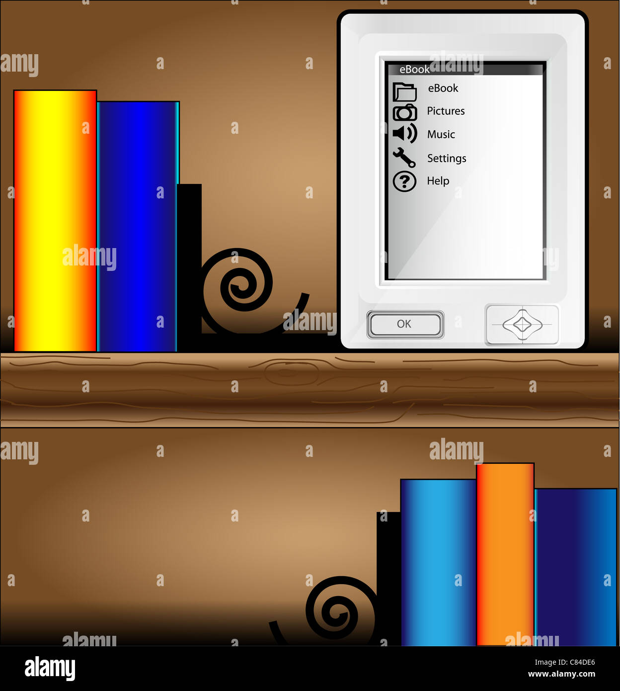 Bookcase with colorful books and ereader Stock Photo - Alamy