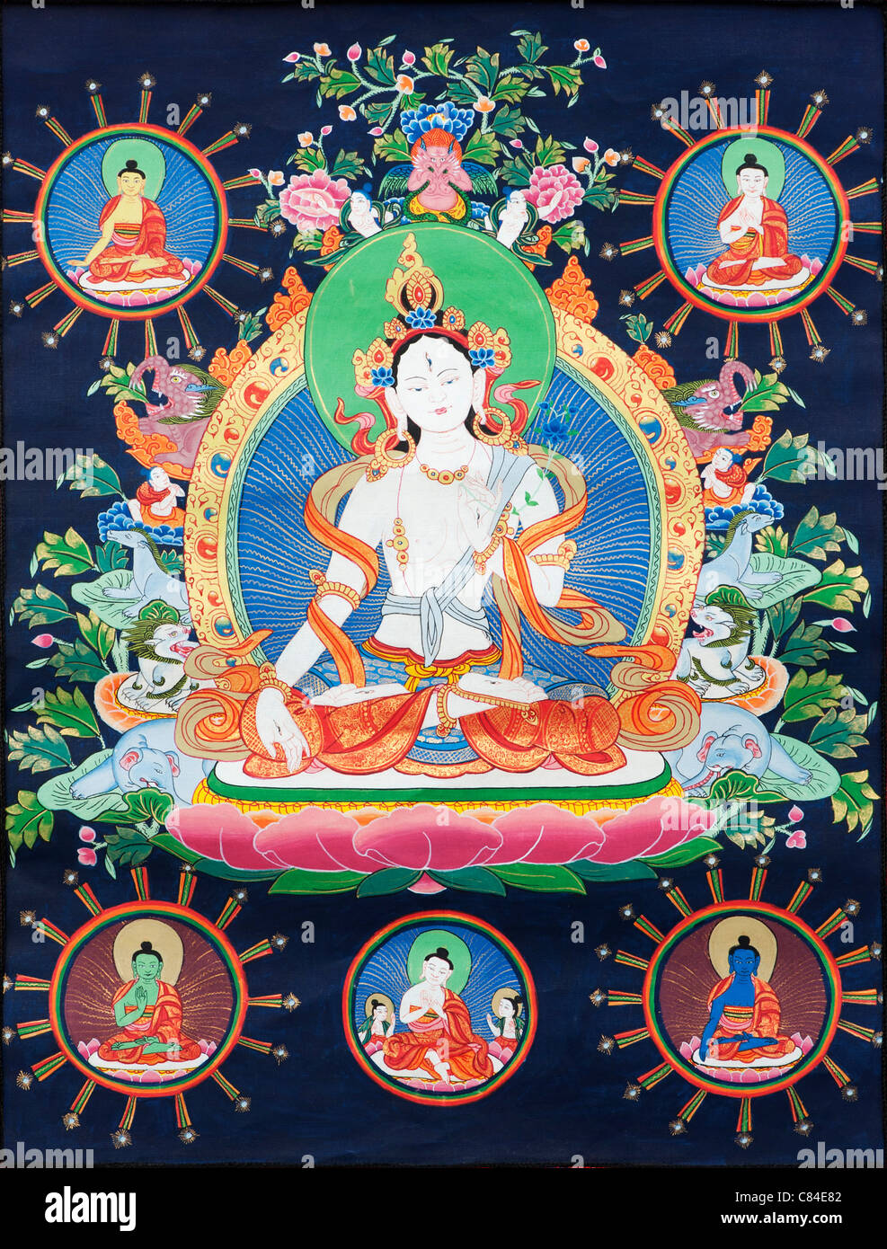 Colourful Tibetan Buddhist Thangka / Tanka painting. White Tara Stock ...