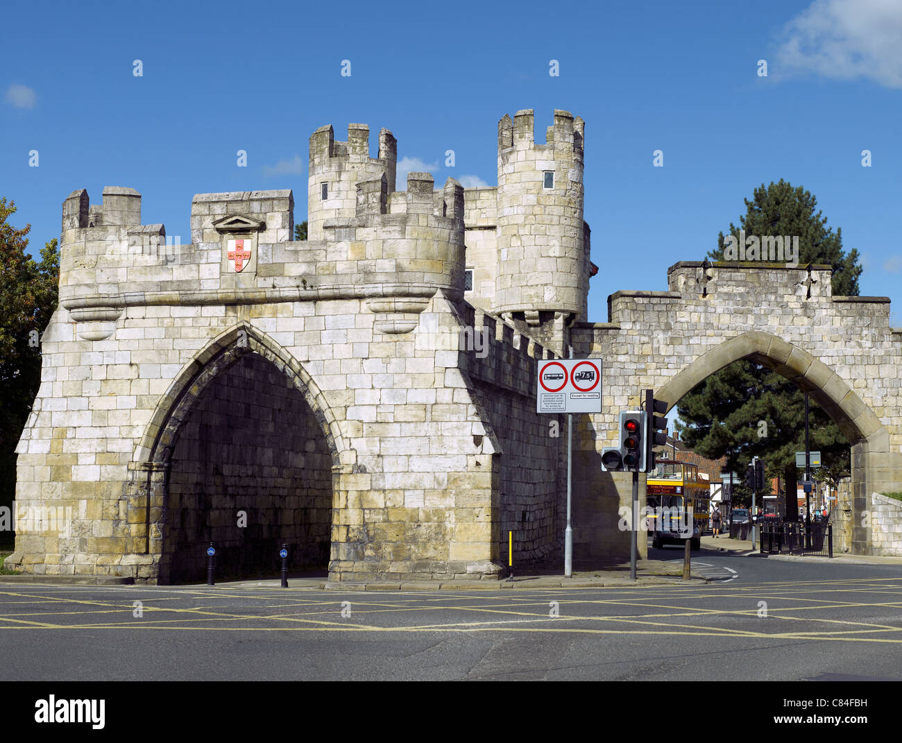 Walmgate Bar section of the City Walls and Barbican in summer York ...