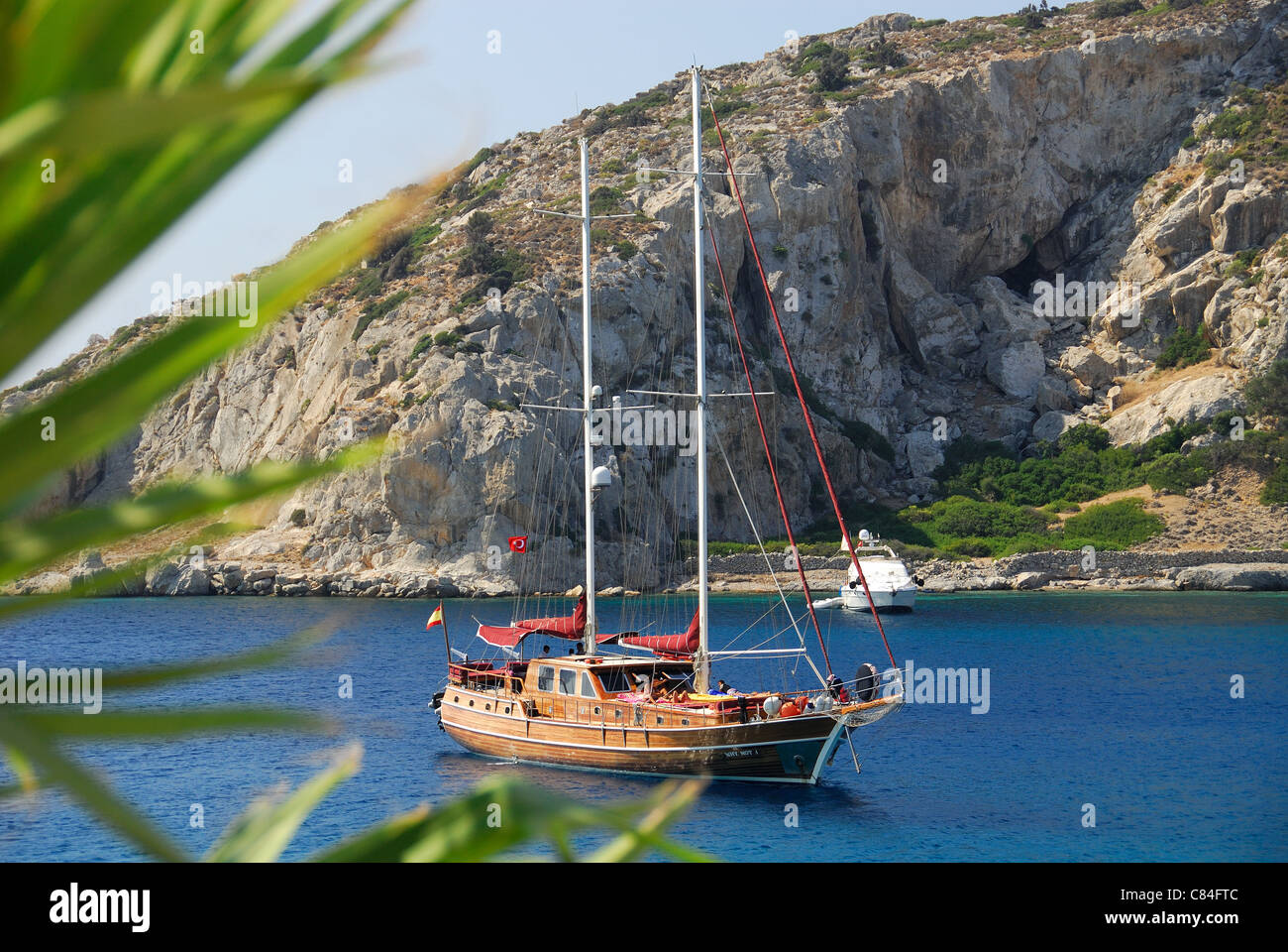 KNIDOS, DATCA PENINSULA, TURKEY. A traditional Turkish gulet moored in ...