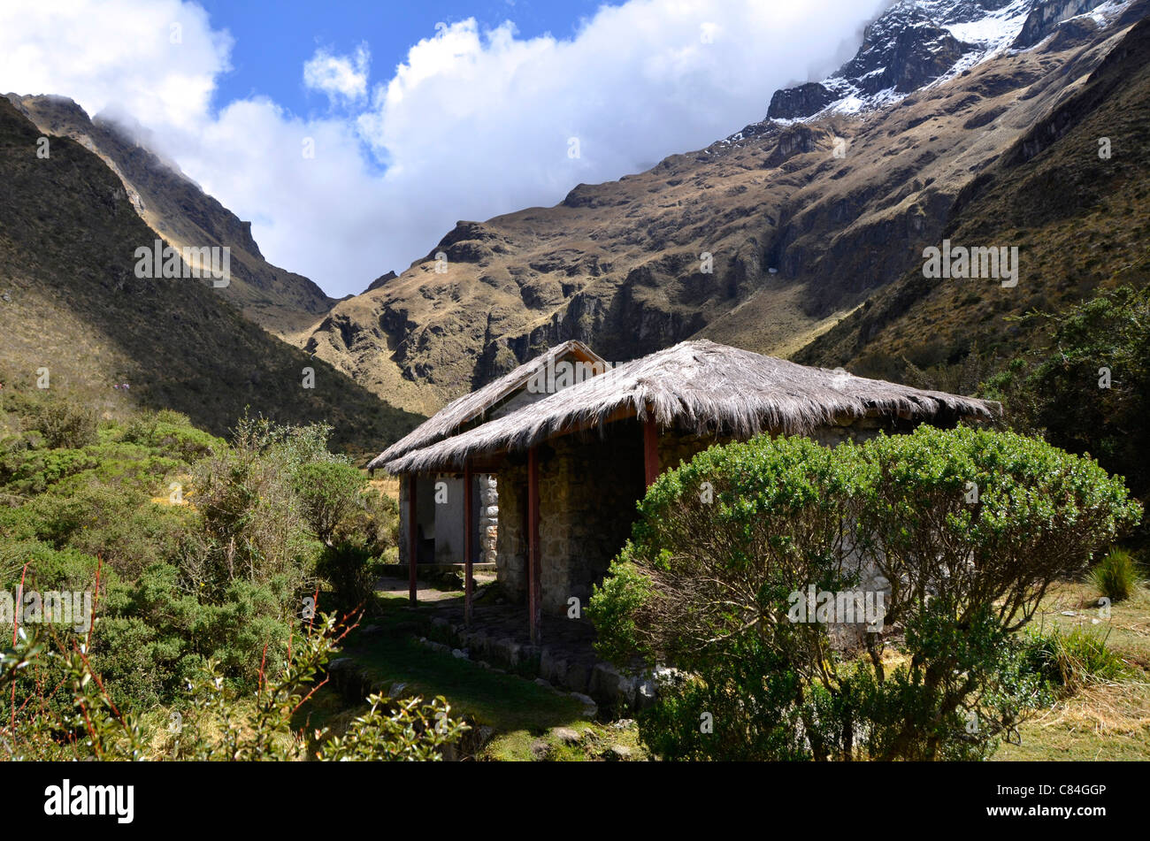 hut andes inca trail building hike hiking tourism tourist blue sky ...