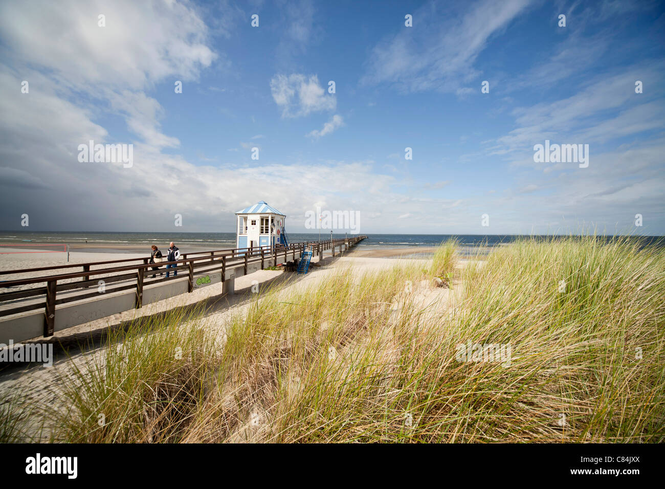 Pier "Seebruecke" and the baltic beach of the coastal resort of Lubmin ...