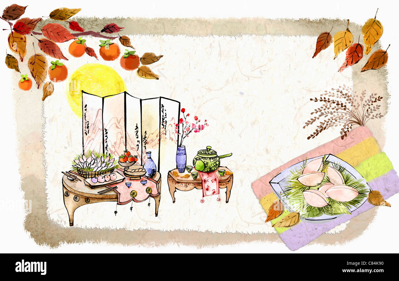 The image of rice cake and table setting for Chuseok Stock Photo - Alamy