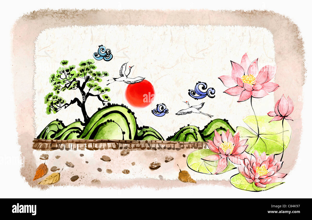 The image of lotus and land scape in the fall Stock Photo - Alamy