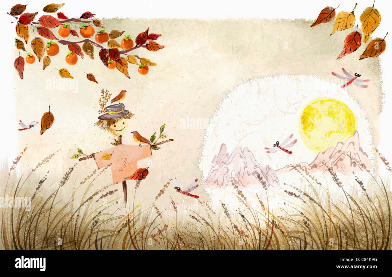 The image of crop, scarecrow, colored tree, and full moon in the fall ...