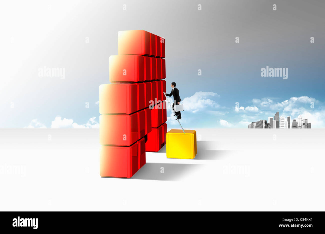 A man climbing ladder to red boxes Stock Photo - Alamy