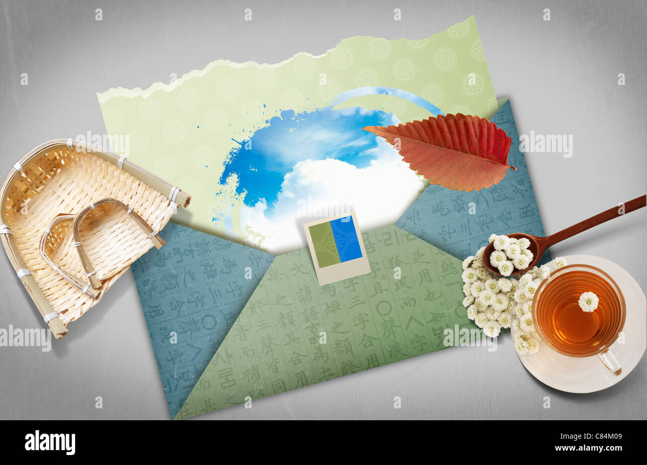 The image of envelope and fall decorations Stock Photo - Alamy