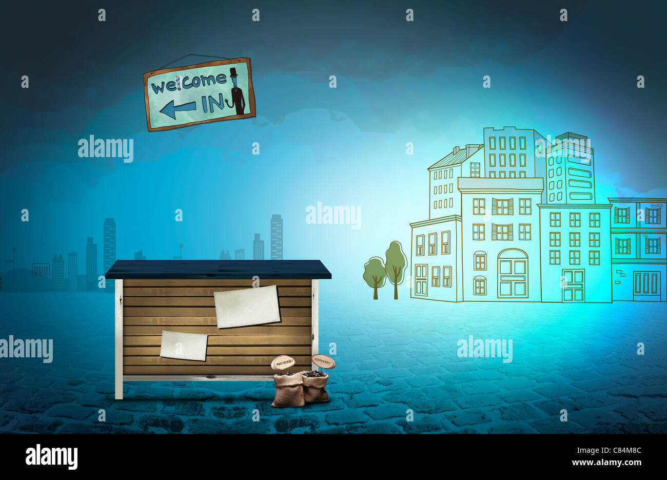 The image of street, signboard, and coffee bean bags Stock Photo - Alamy