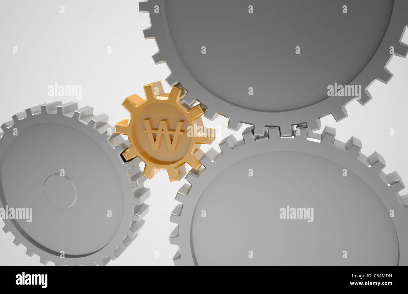 The gold won toothed wheel engaged with other toothed wheels Stock ...