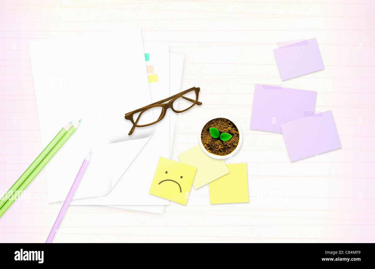 The image of letter, glasses, pot, and pens Stock Photo - Alamy
