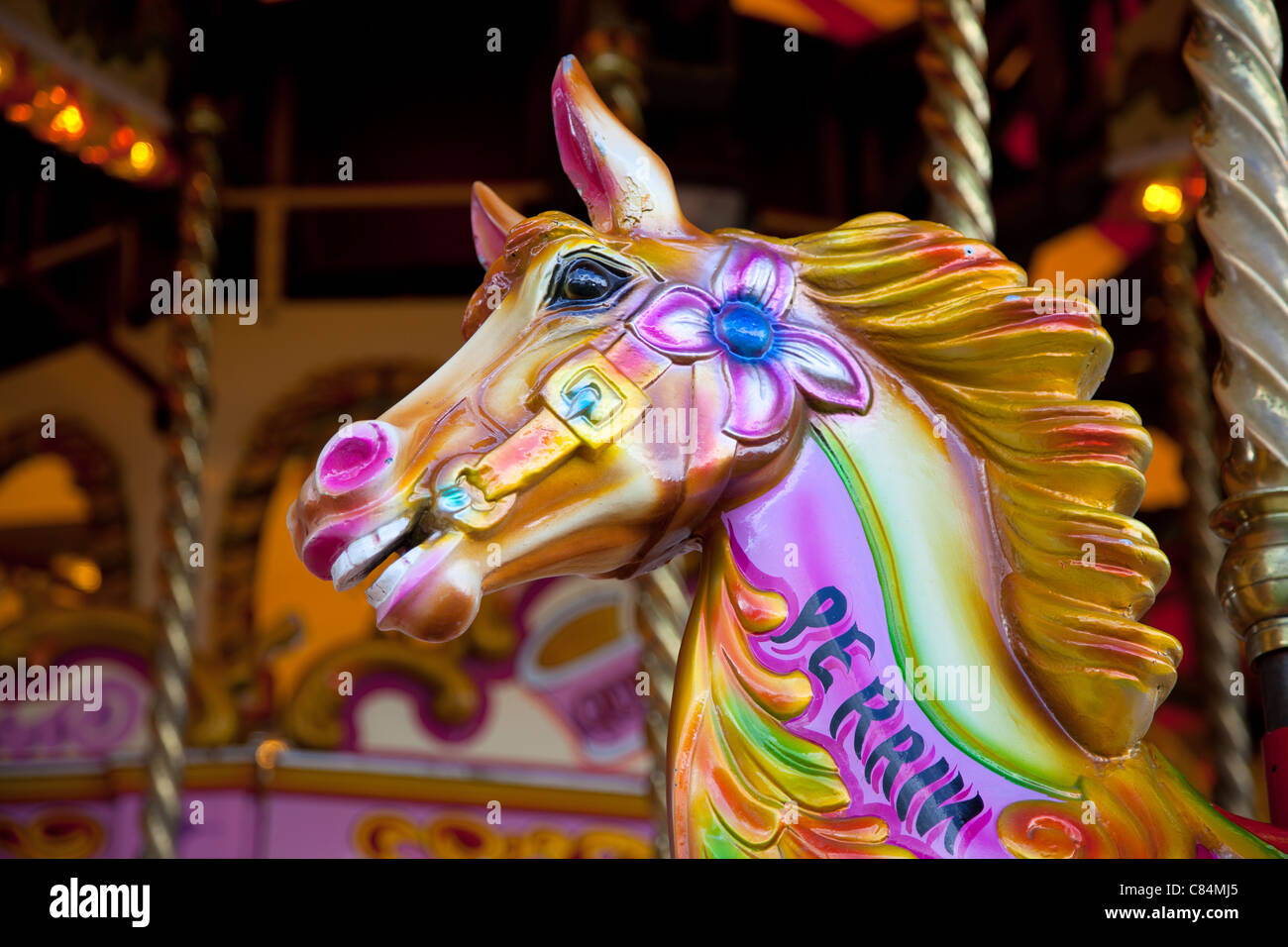 Vintage carousel merry go round black horse hi-res stock photography ...