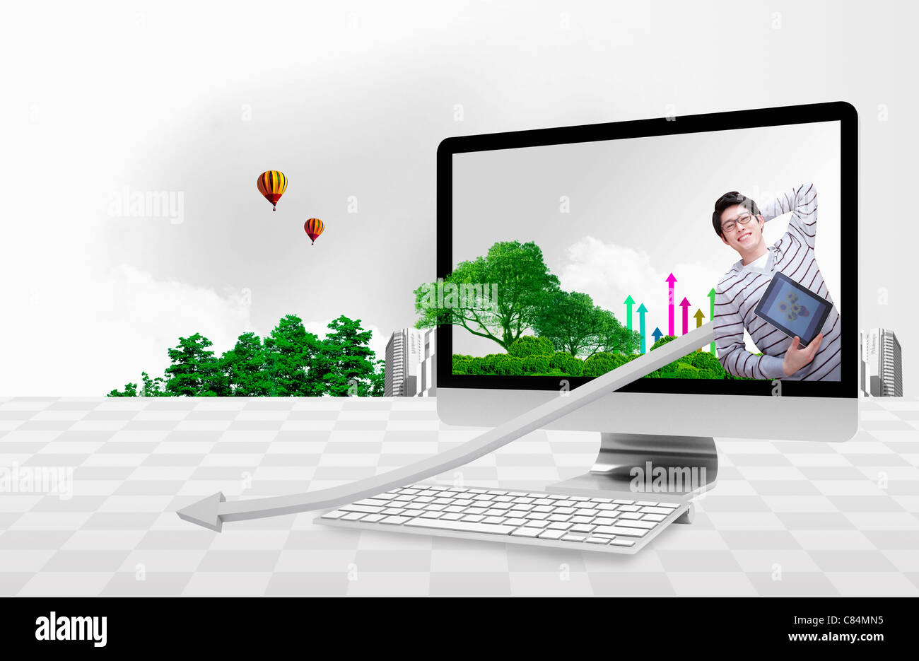 A man, trees, graphs in the computer monitor Stock Photo - Alamy