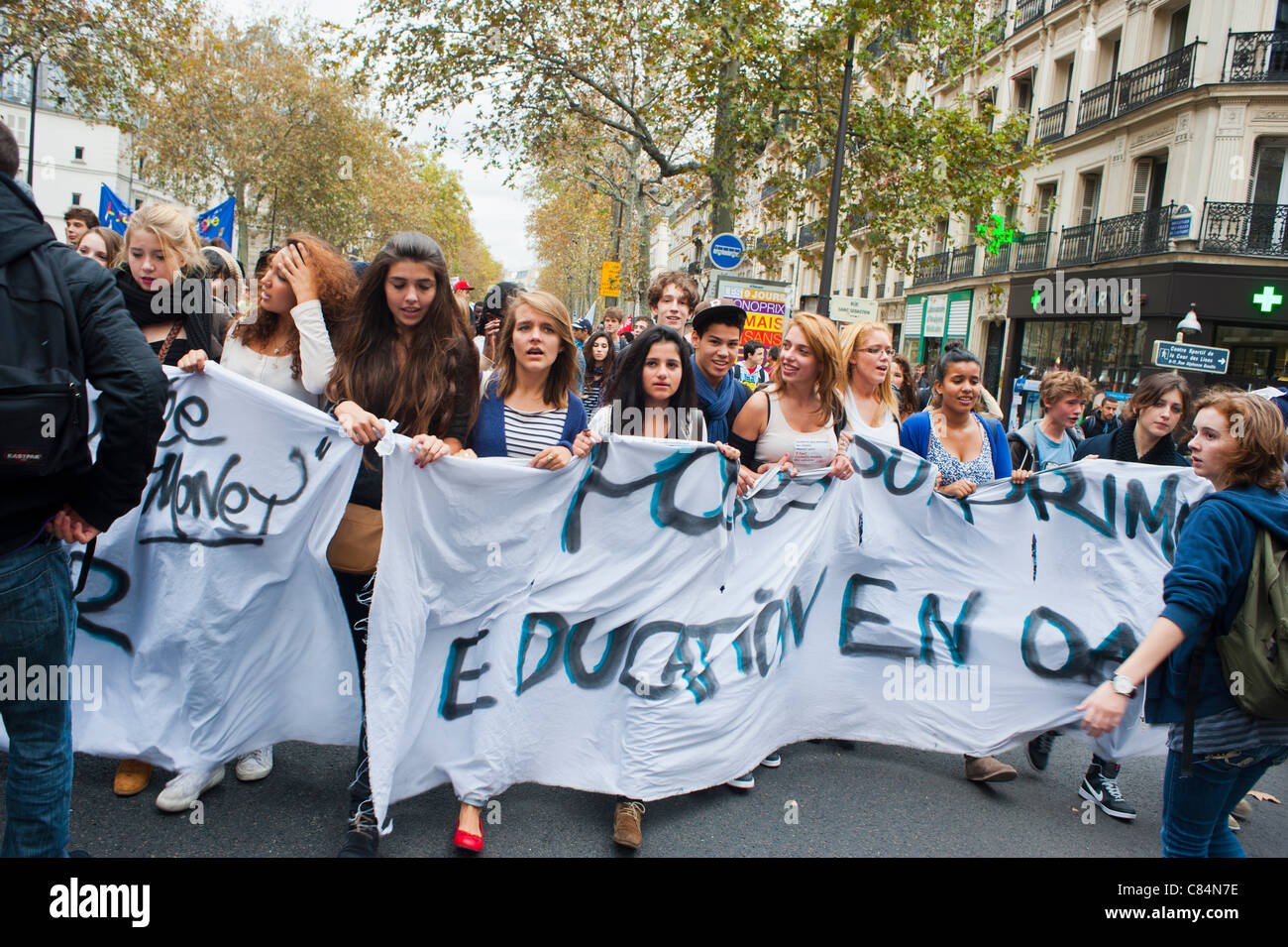 Crowd of French students Teenagers, march against government austerity ...