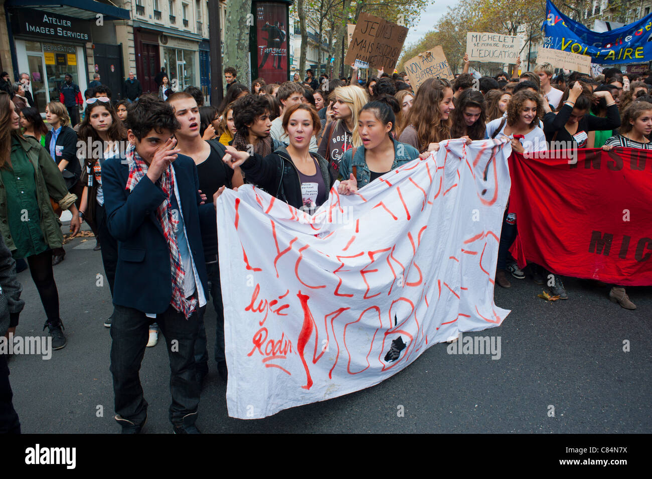 Crowd French students march to protest against government austerity ...