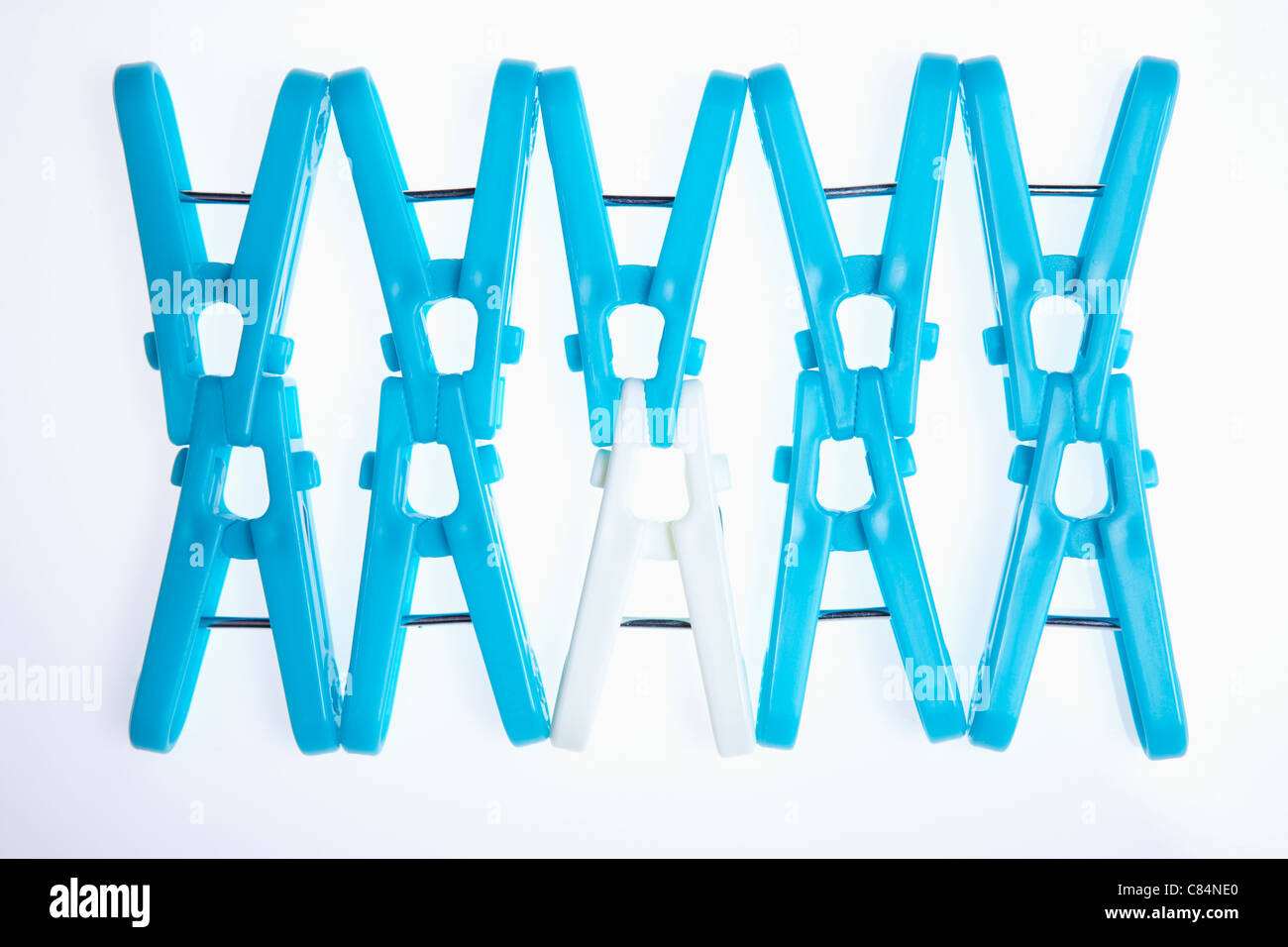 A white clothespin with blue clothespins around Stock Photo - Alamy