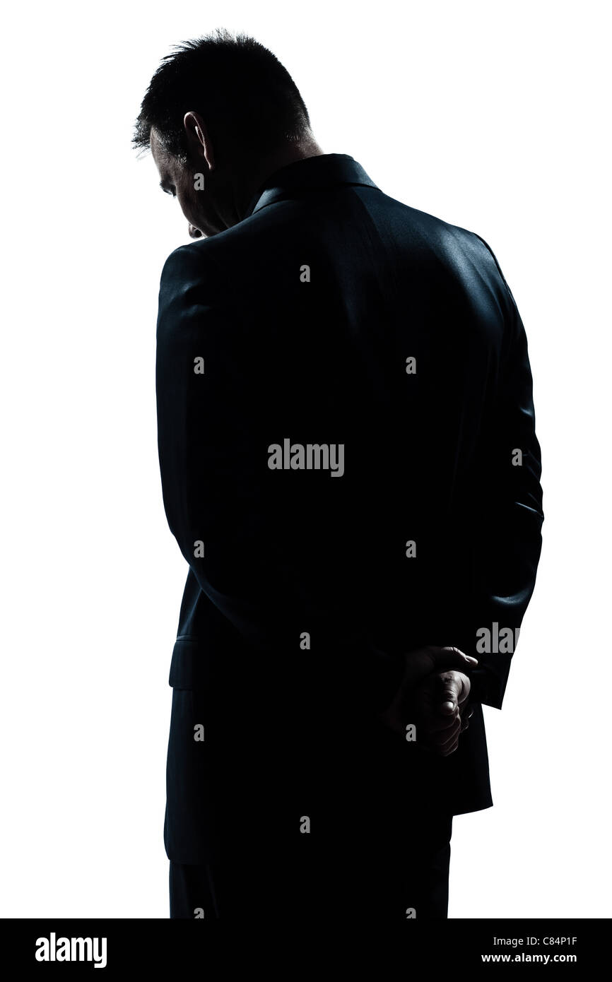 one caucasian man portrait silhouette backside sad despair lonely in ...