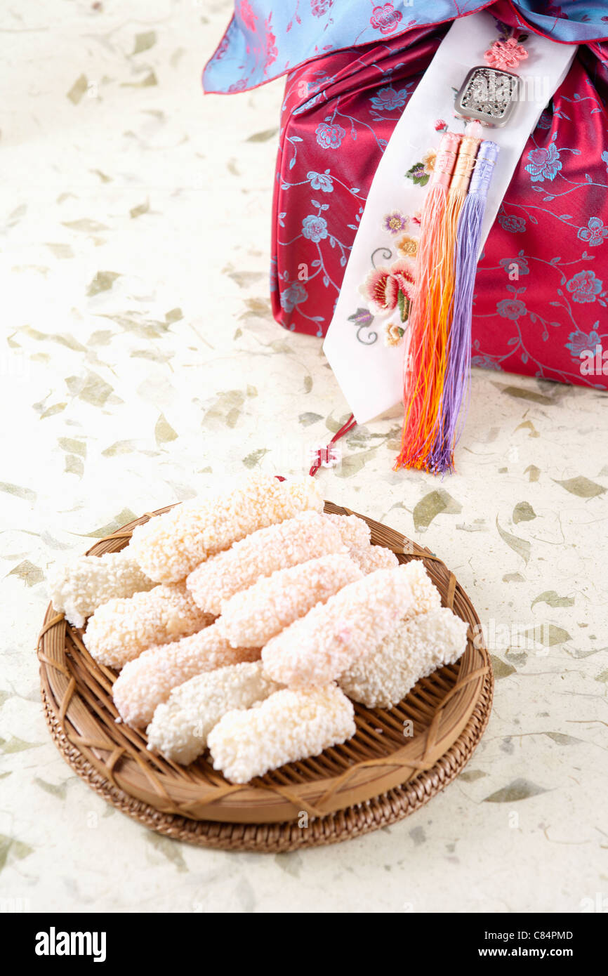 Korean dessert with red traditonal wrapped package Stock Photo - Alamy