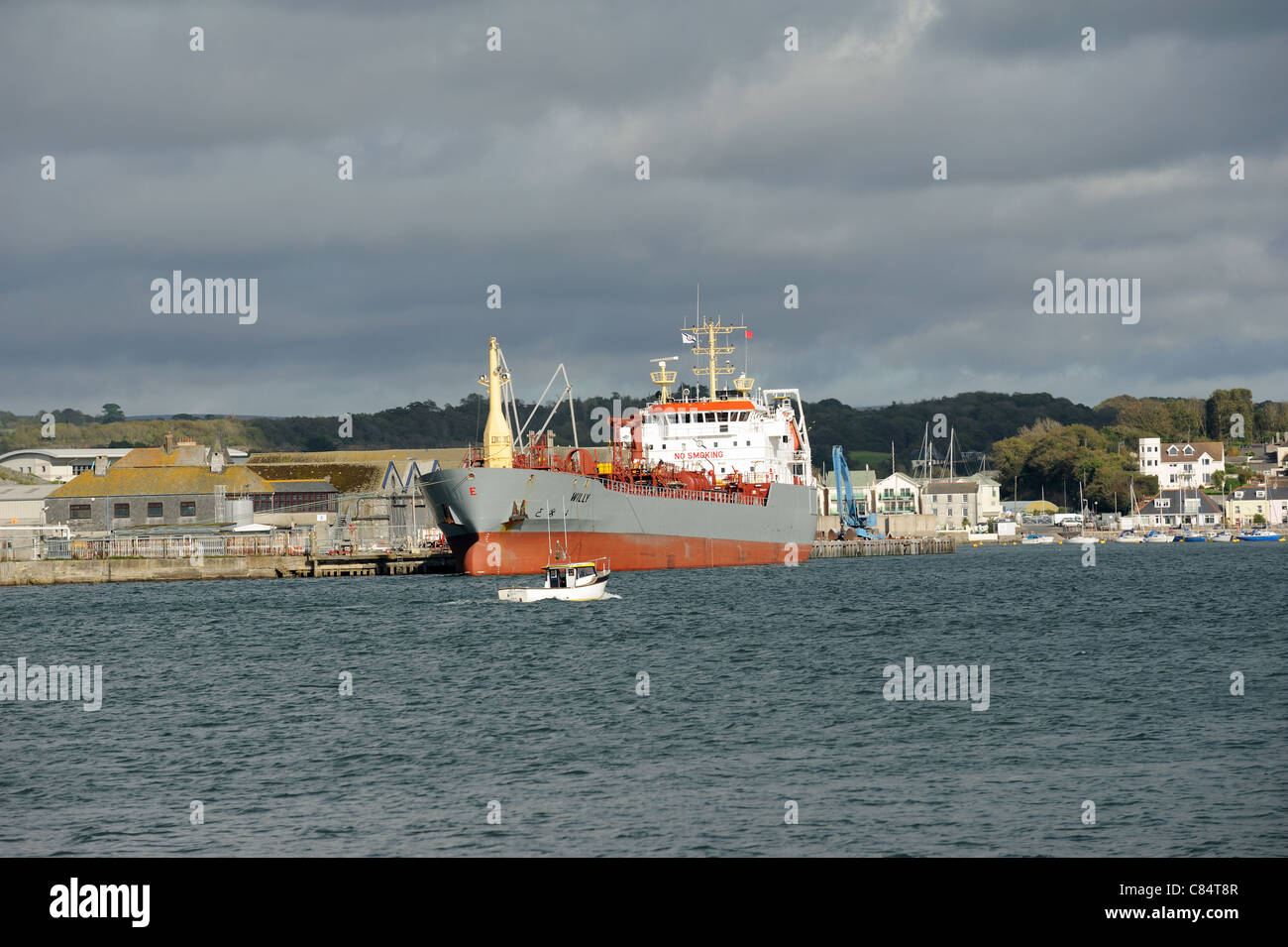 Plymouth Port in Devon England with a tanker ship the Willy alongside ...