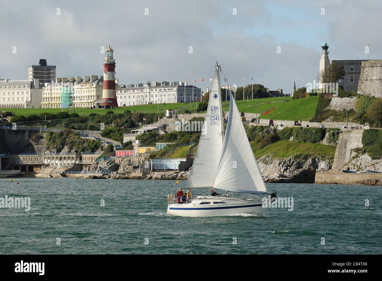 Sailing boat off the Devonshire coast at Plymouth England UK With a ...