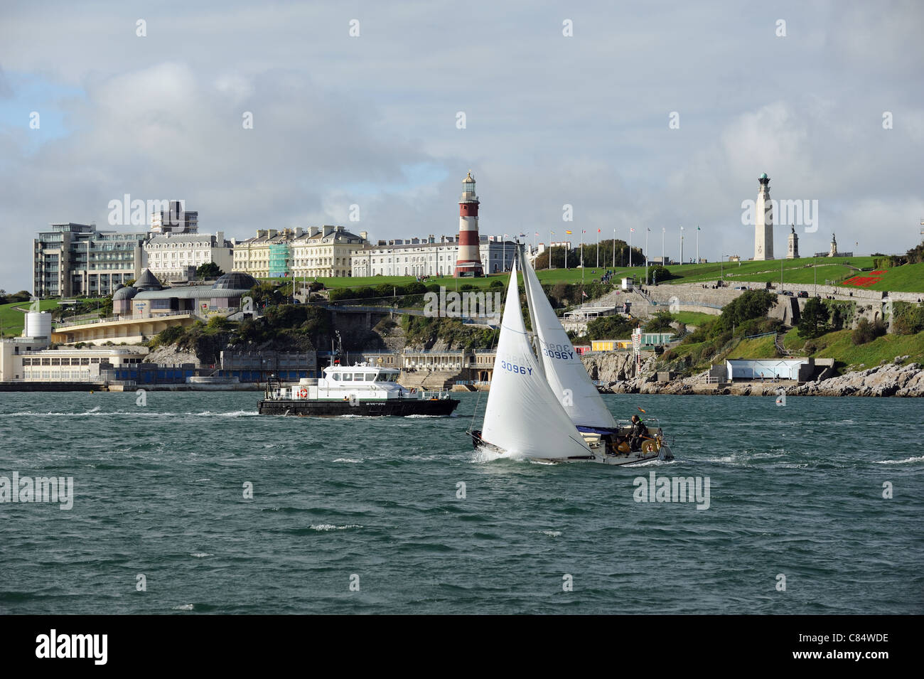 Sailing boat off the Devonshire coast at Plymouth England UK With a ...