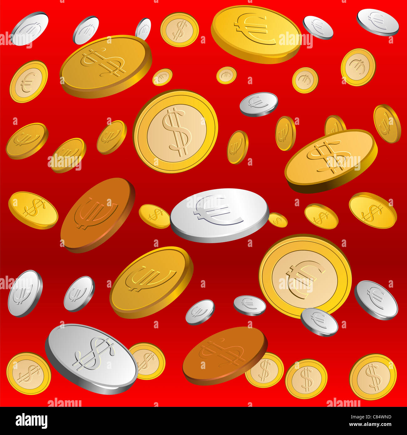 rain of gold and silver coins on a red background Stock Photo - Alamy