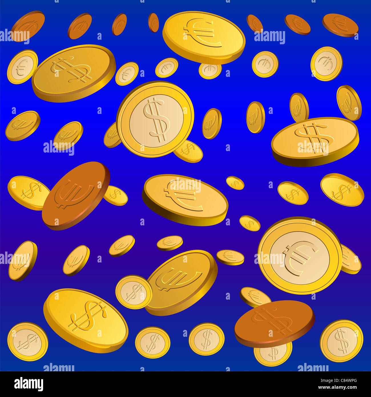 rain of gold coins on a blue background Stock Photo - Alamy