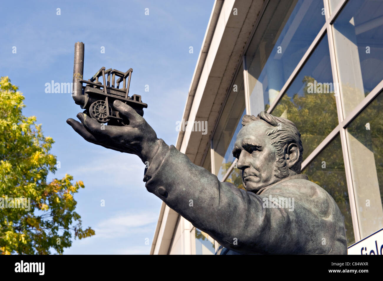 A bronze statue of George Stephenson outside Chesterfield Railway ...