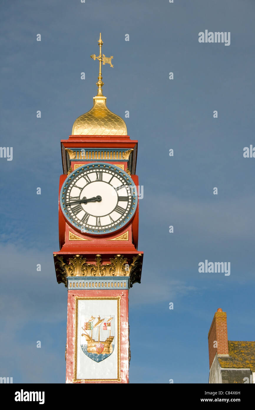 The Jubilee clock and upper part of clock tower in Weymouth, Dorset ...