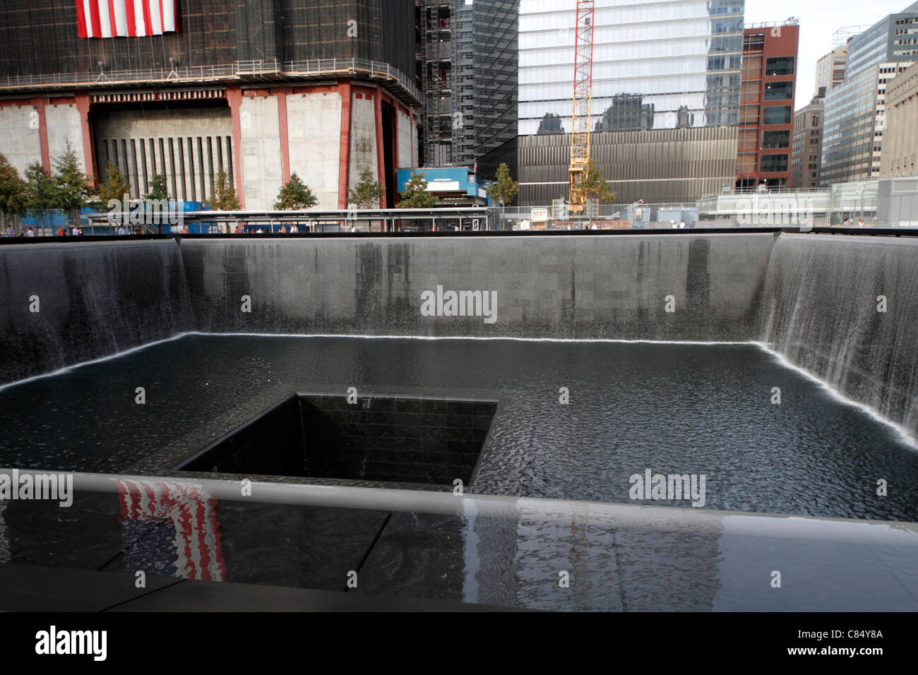Waterfall inside of footprint of one of Twin Towers at 9/11 Memorial in ...