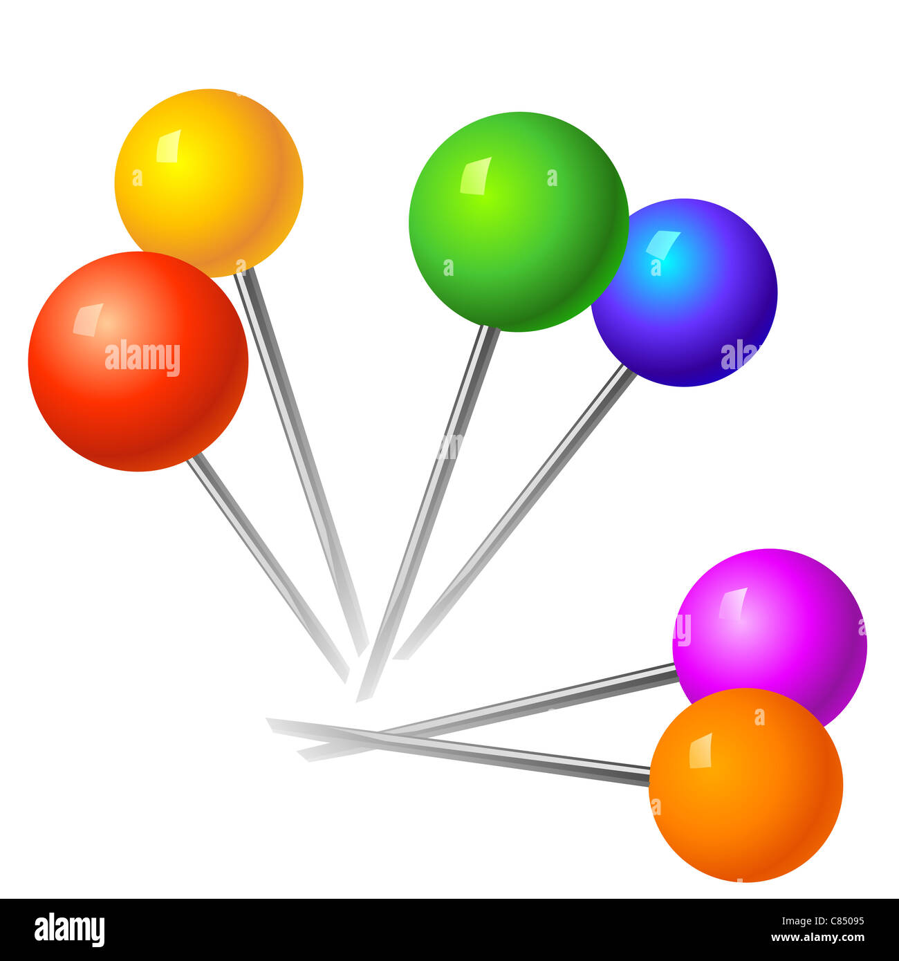 colorful stationery pins, hammer and lying on a white background Stock ...