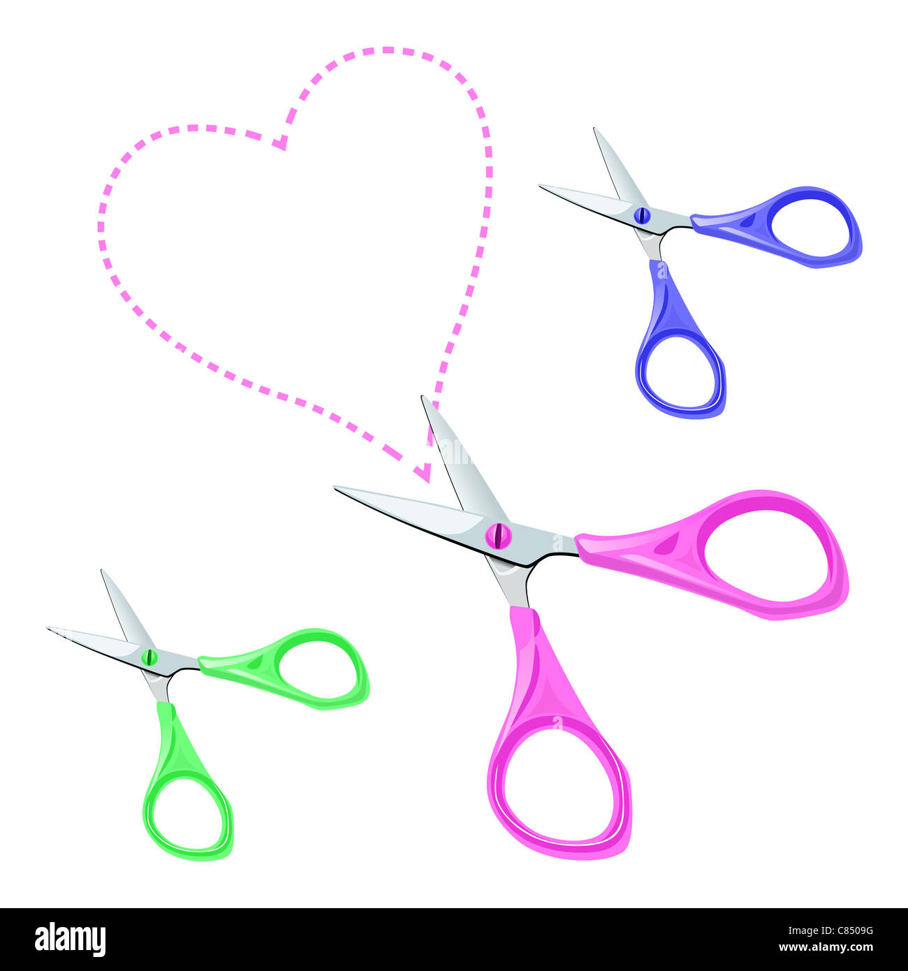 stationery short scissors with pink, blue and green plastic handle cut ...