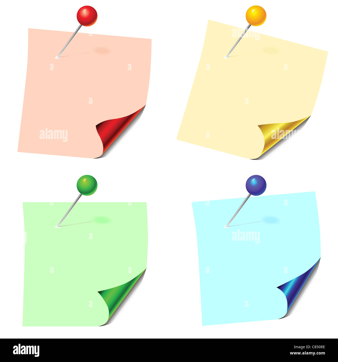 colored paper sheets for notes with a glossy curved corners pinned ...