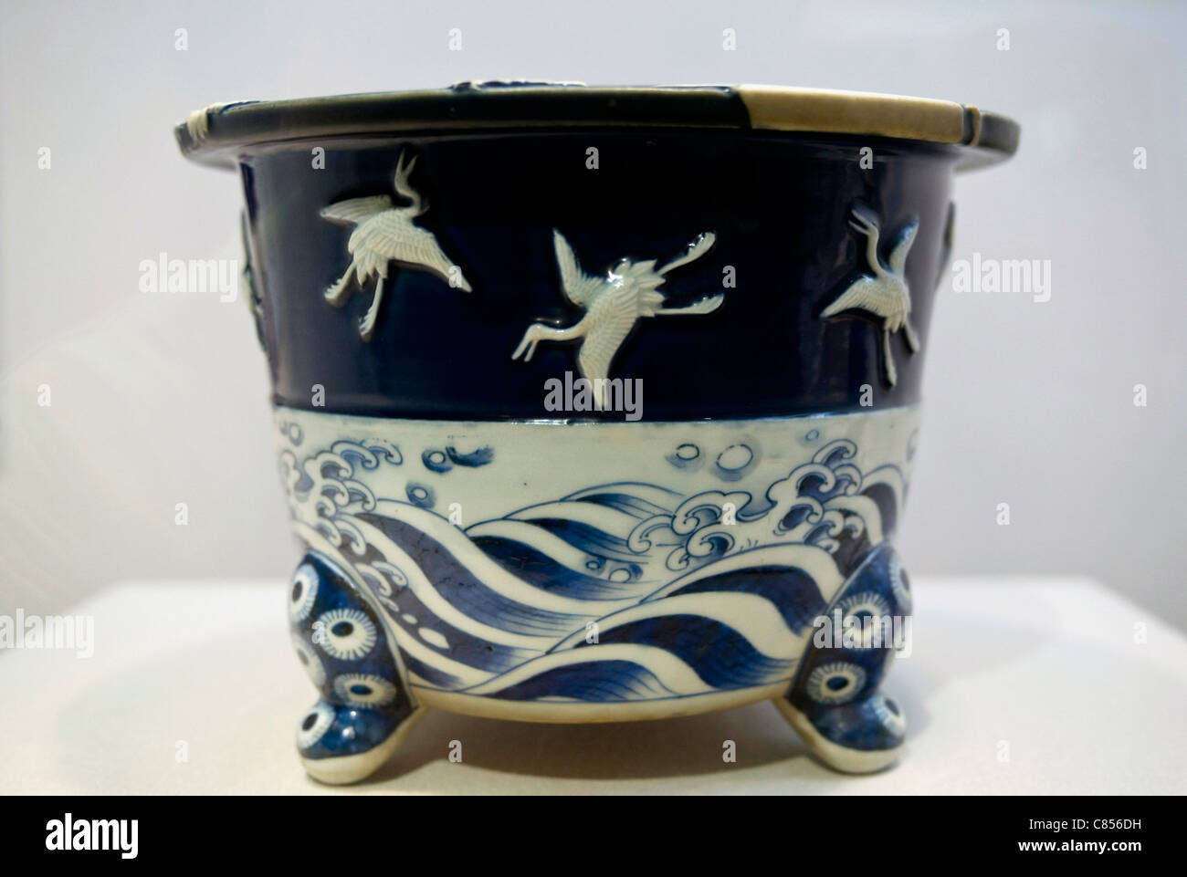 Photo shows a cobalt blue and white Seto Ware plant pot with cranes and ...