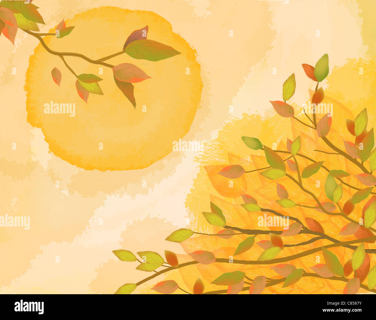 The image of colored tree and full moon in the fall Stock Photo - Alamy
