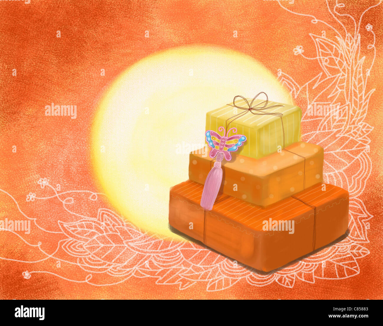 The image of gift boxes and full moon in the fall Stock Photo - Alamy
