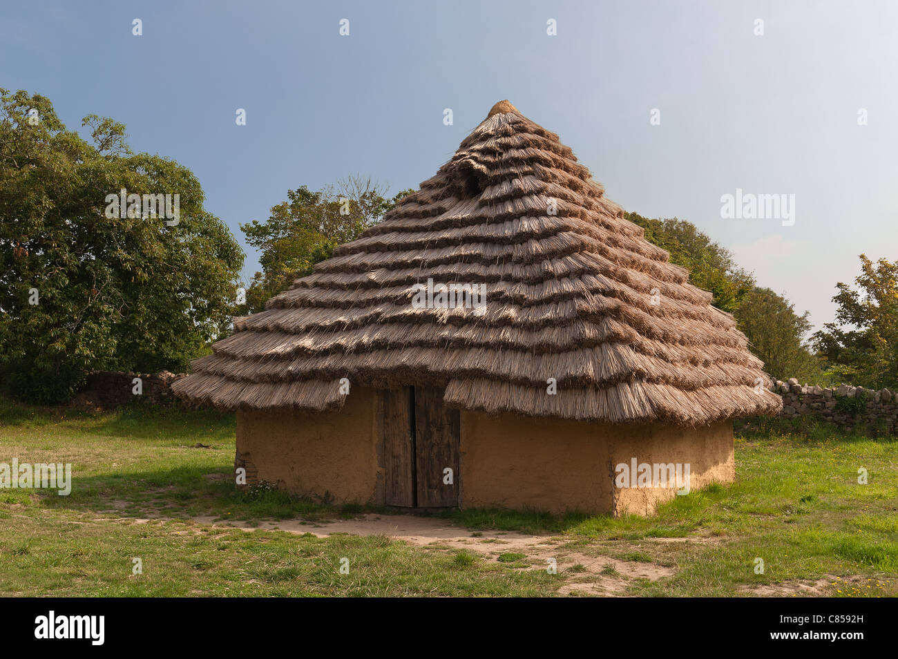 Thatched roof and bronze age style dwelling with timber and mud walls ...