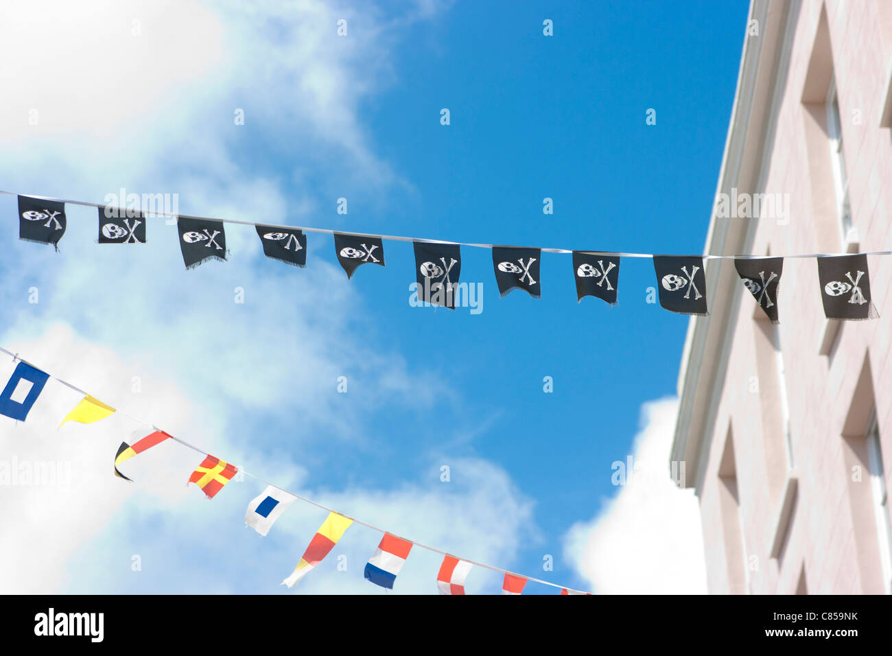 Bunting (with skull and cross bones "Jolly Roger" ) in Tenby ...