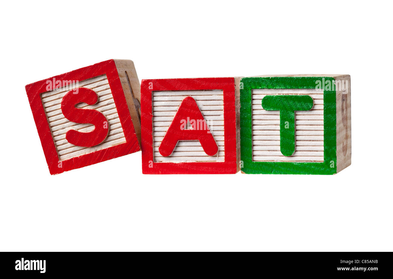 Wooden blocks forming the letters SAT isolated on white background ...