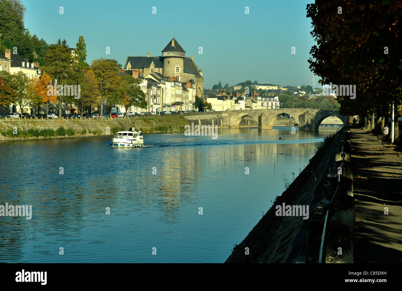 Castle of Laval city in Mayenne (Pays de la Loire, France). The river ...