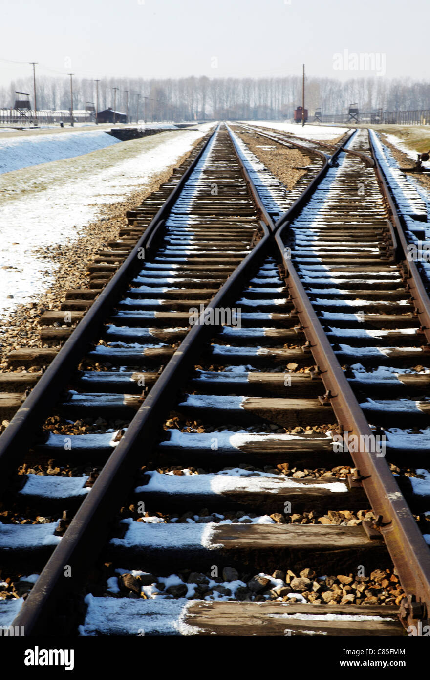 train tracks Birkenau gate house, Auschwitz Stock Photo - Alamy