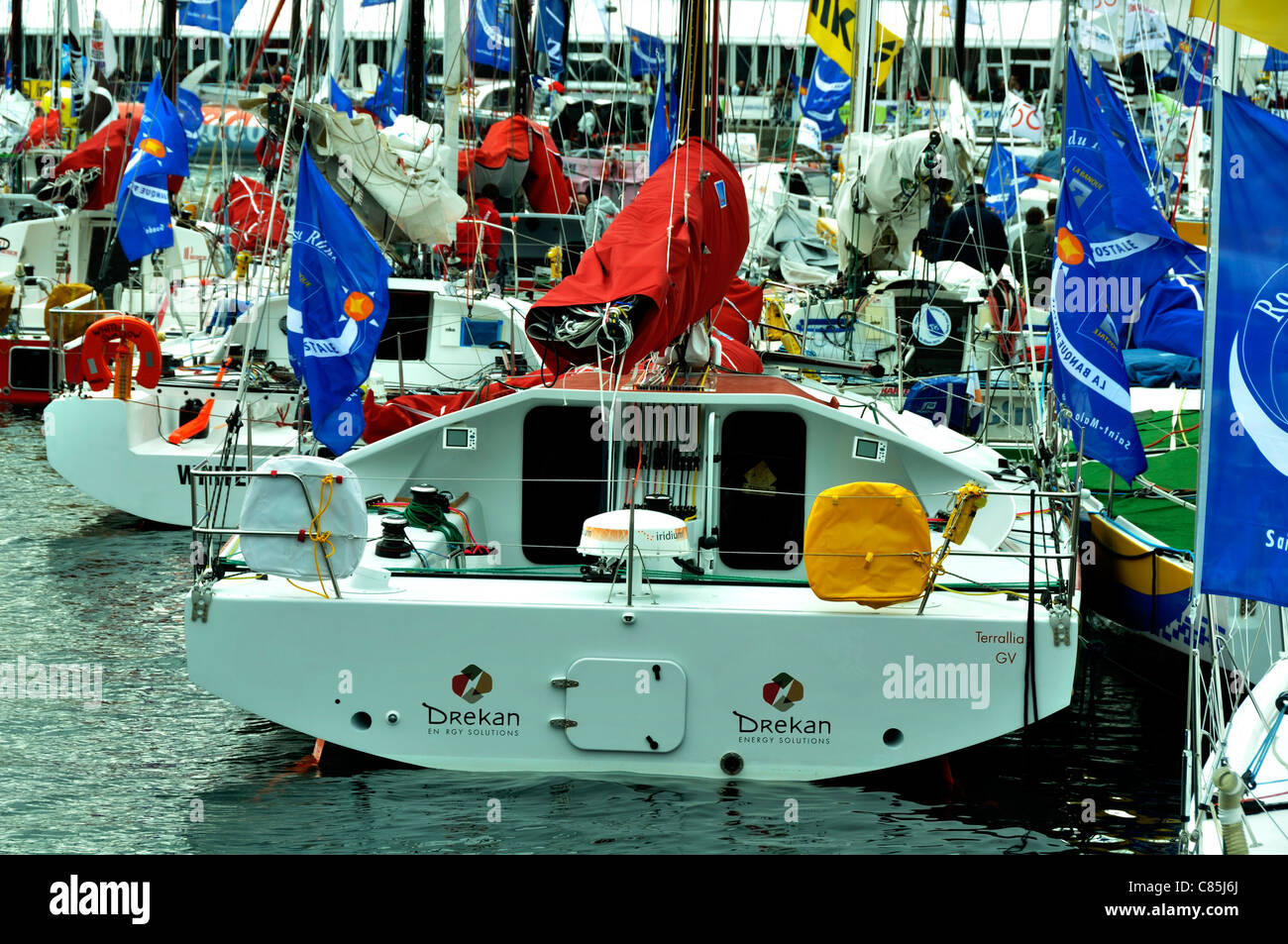 Route du Rhum, monohull racing boats in the port of St Malo (Brittany ...