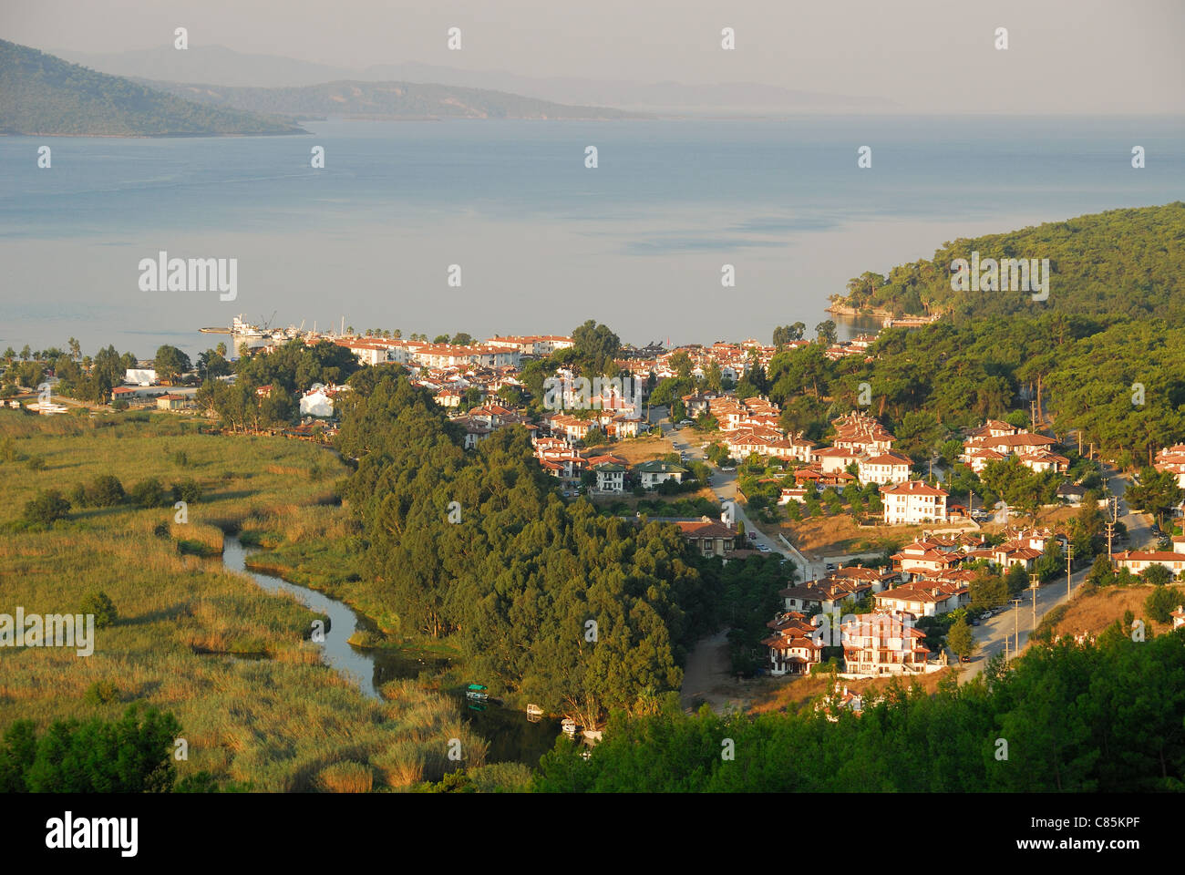 AKYAKA, TURKEY. A dawn view of the village, the Azmak river and the ...