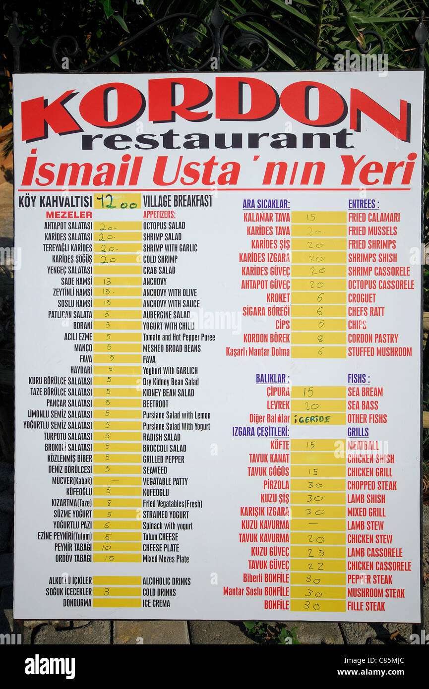 AKYAKA, TURKEY. A bilingual menu board outside a restaurant. 2011 Stock ...