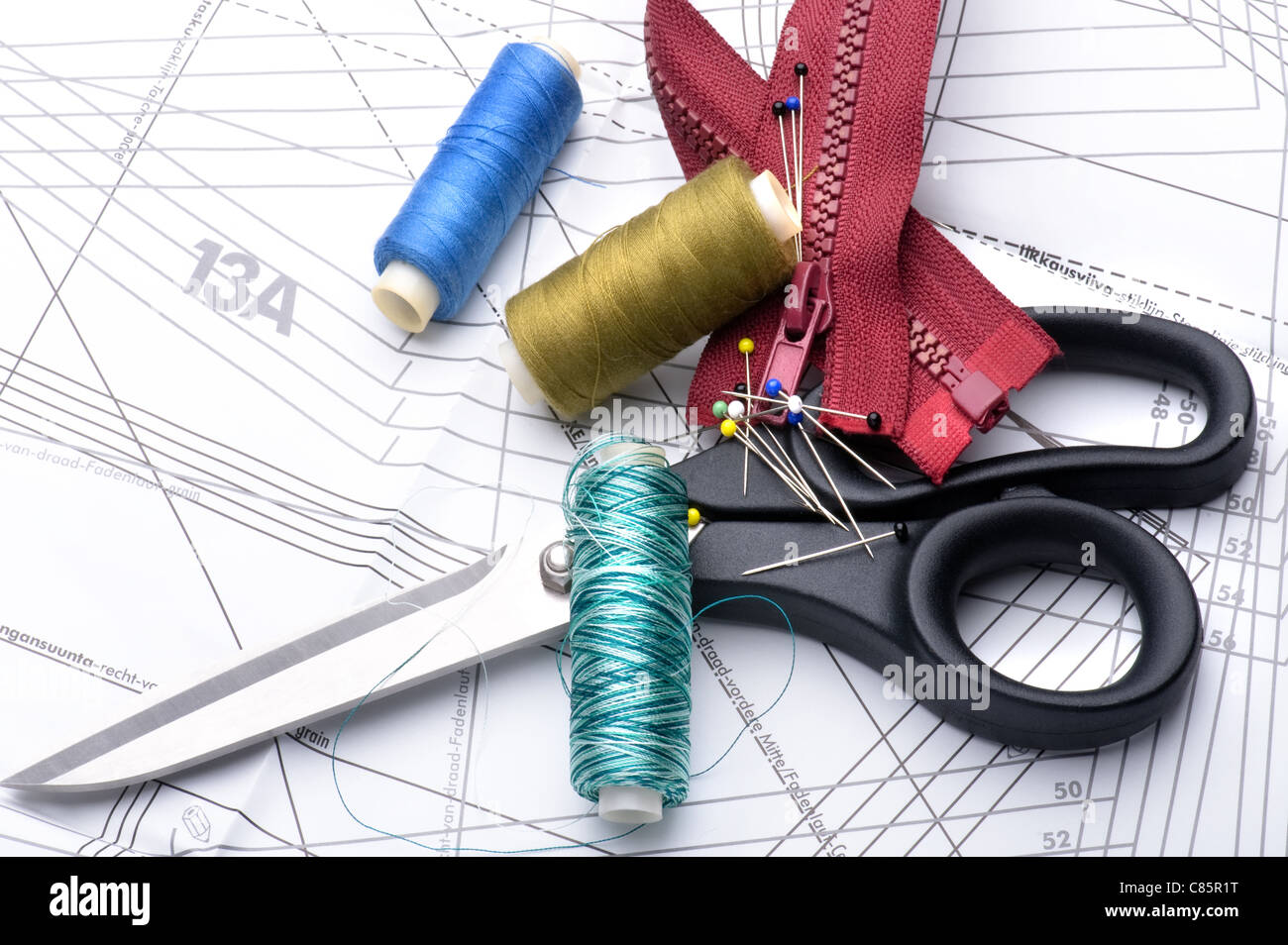 sewing pattern with sew instrument close up Stock Photo - Alamy
