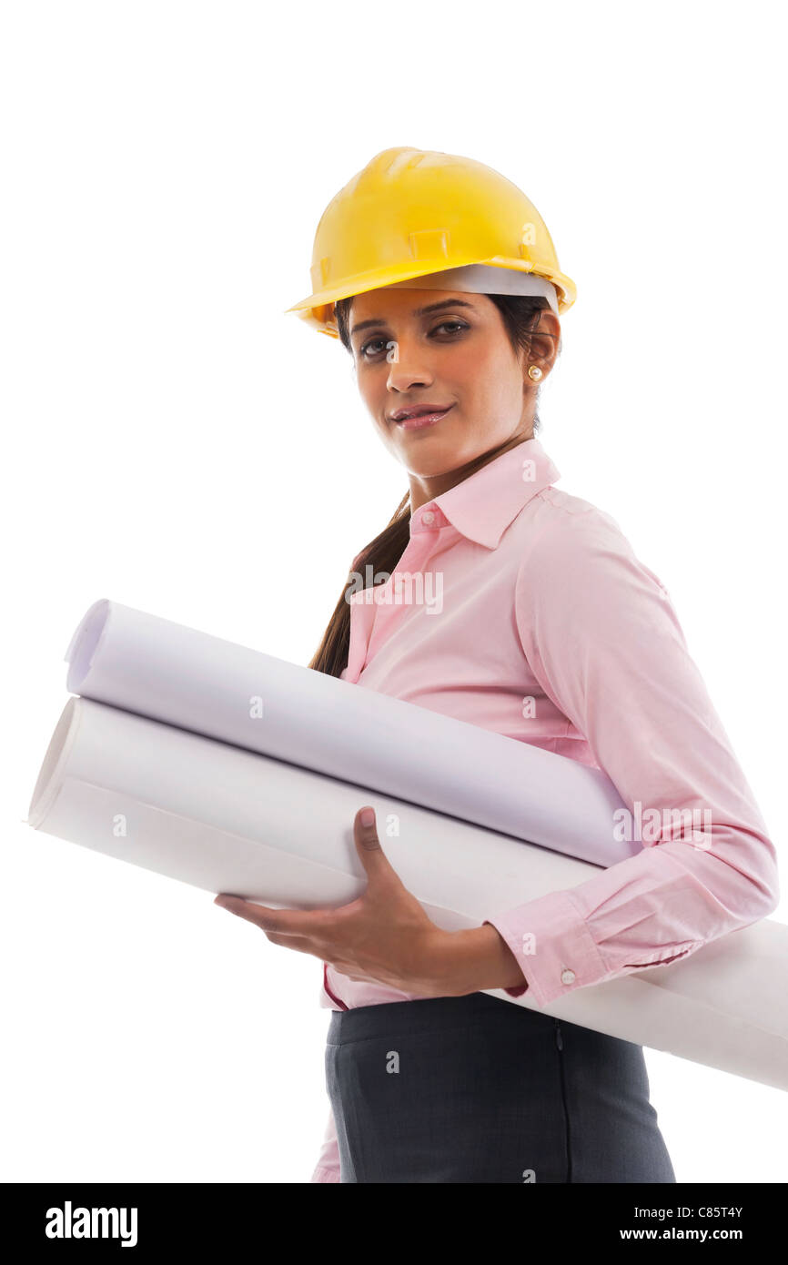 Female engineer with blueprints Stock Photo - Alamy