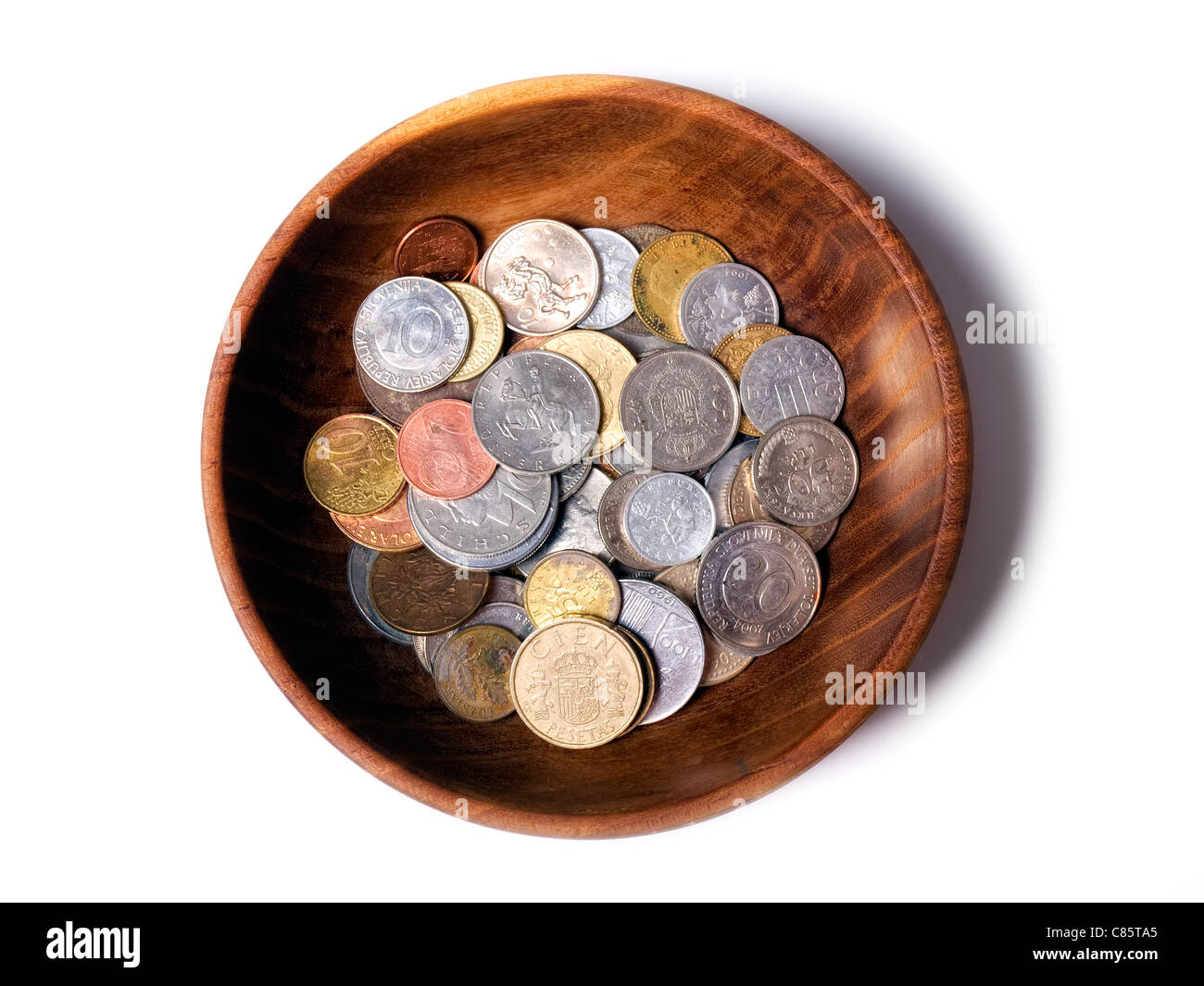 Wooden bowl with old European coins Stock Photo - Alamy