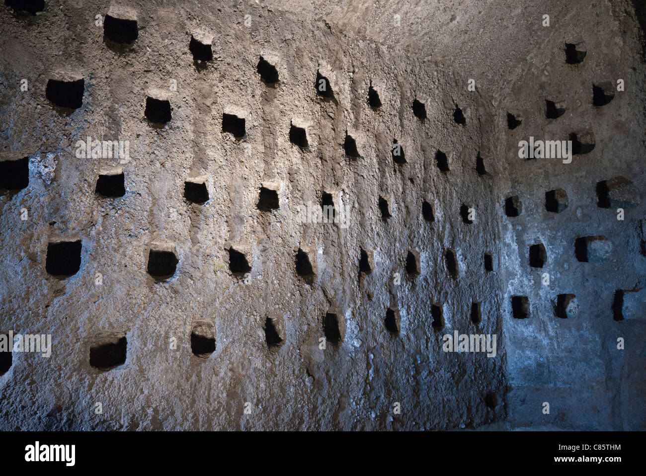 Two walls of pigeon cotes carved by the Etruscans out of the tufa rock ...