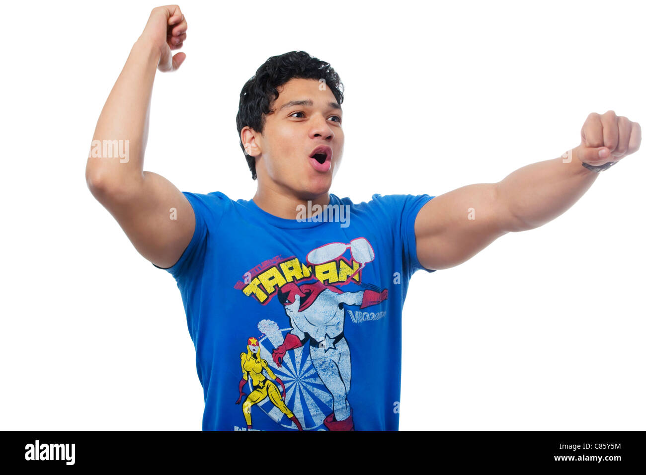 Young boy cheering Stock Photo - Alamy