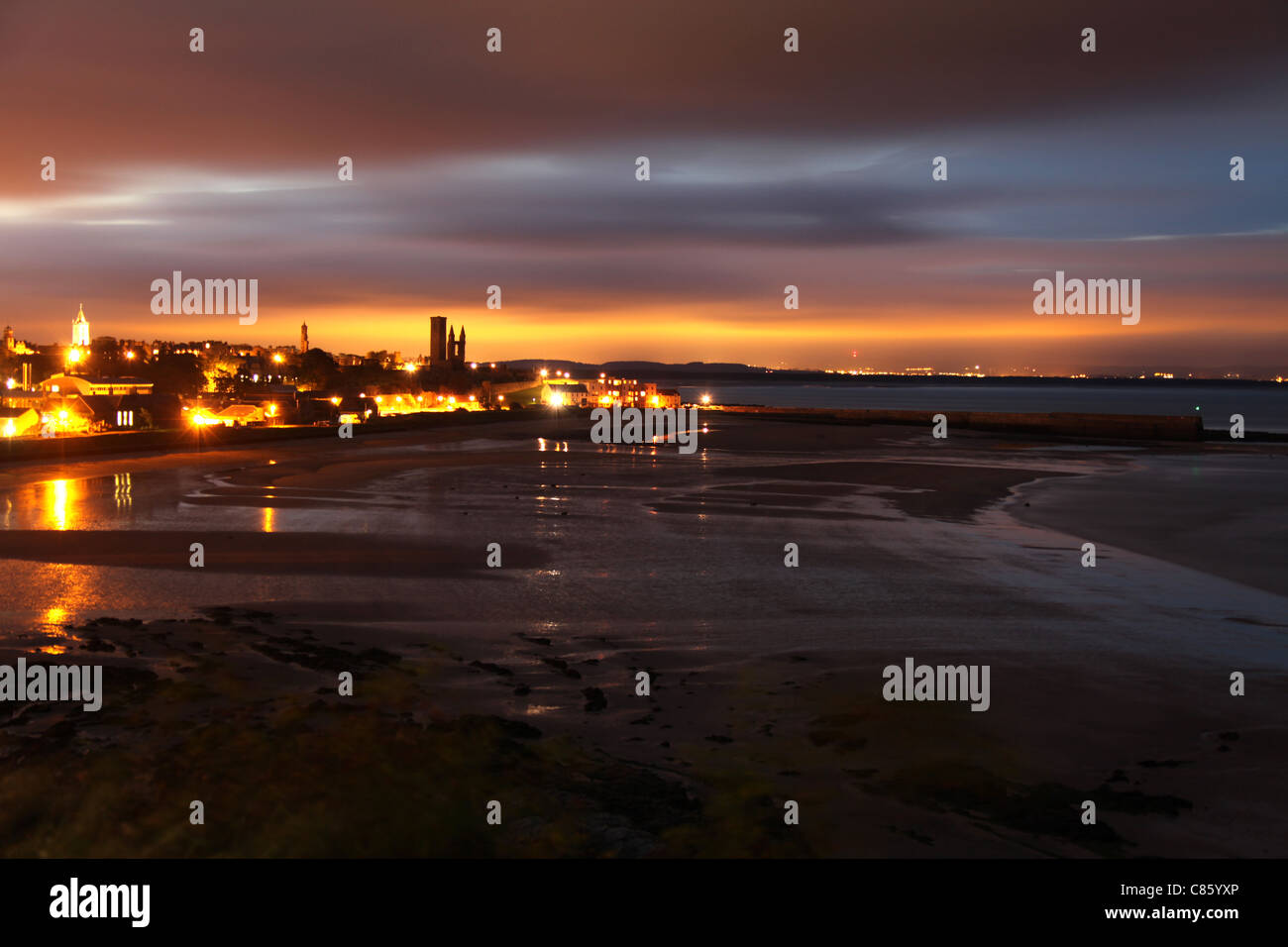 Town of St Andrews, Scotland. Night view of St Andrews with East Sands ...