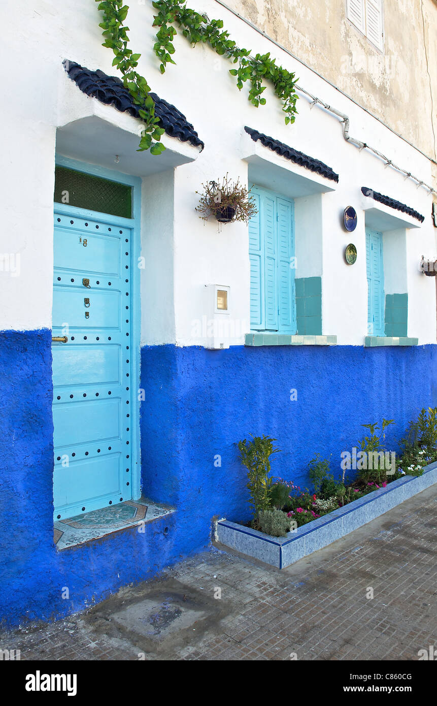 A bright and colorful blue and white painted house front in Casablanca ...